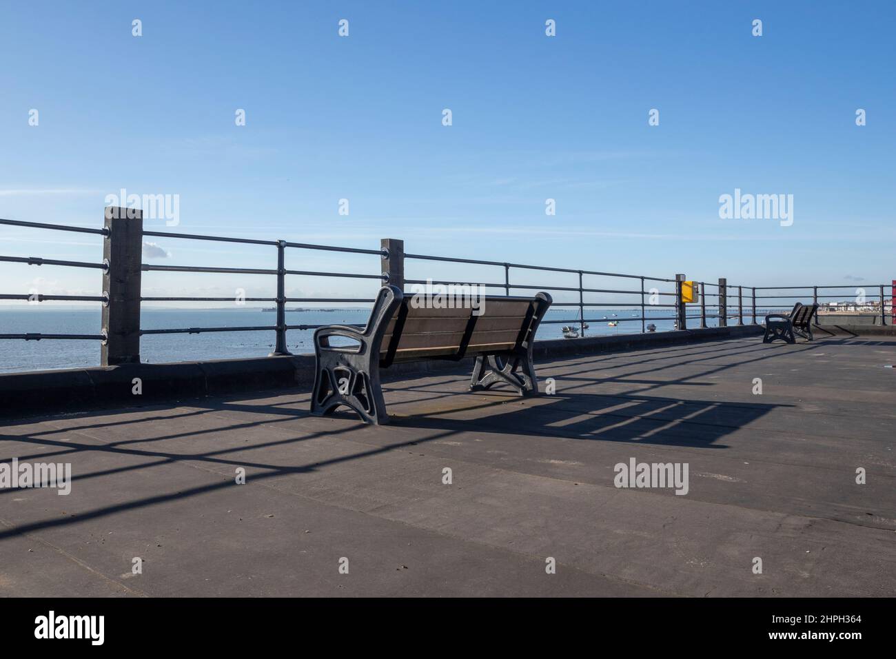 Benches along the promenade at Thorpe Bay, near Southend-on-Sea, Essex ...