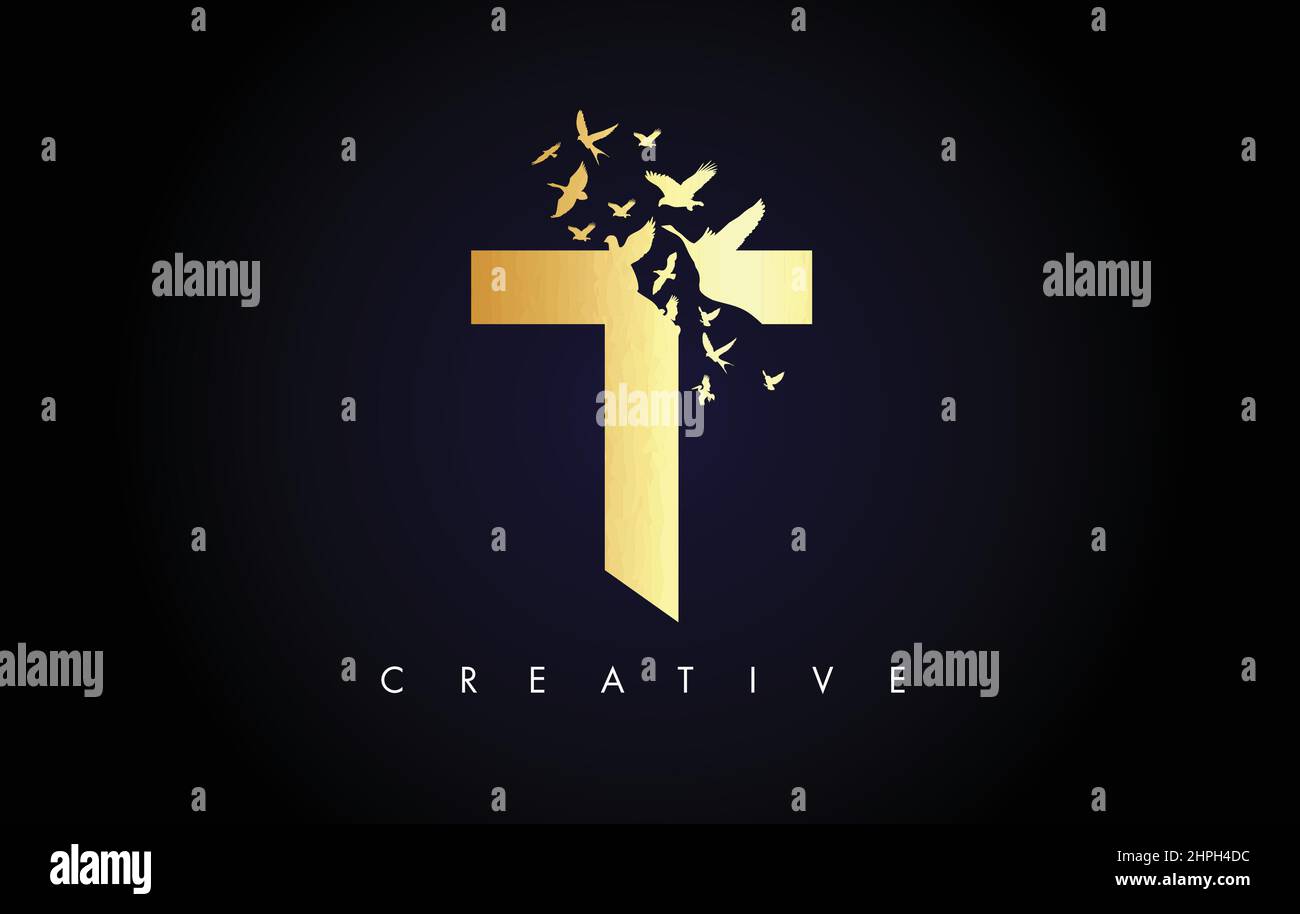 Golden T Logo Letter with Flying Flock of Birds Disintegrating from the ...