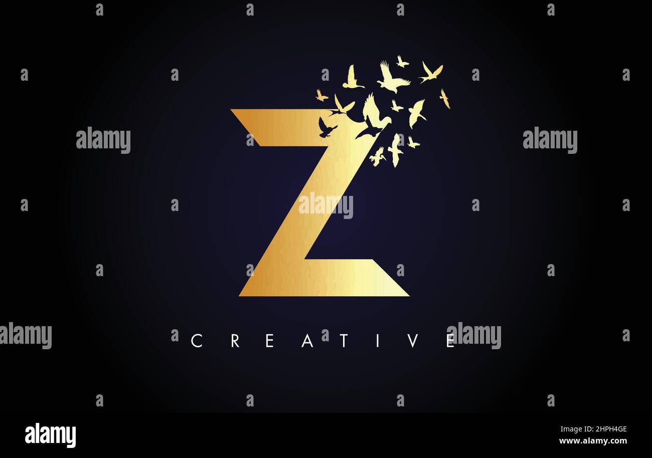 Golden Z Logo Letter with Flying Flock of Birds Disintegrating from the ...
