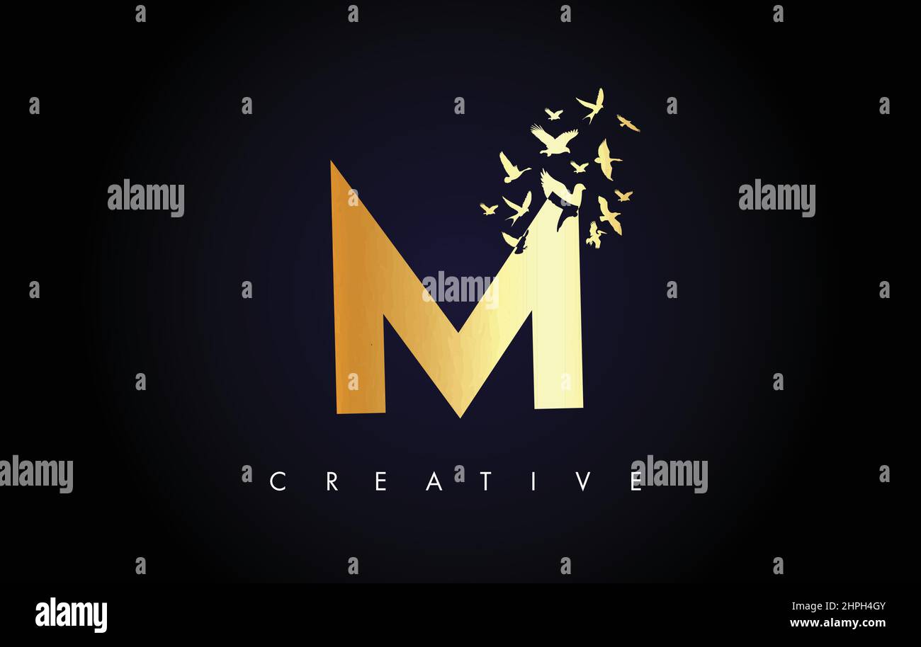 Golden M Logo Letter with Flying Flock of Birds Disintegrating from the ...