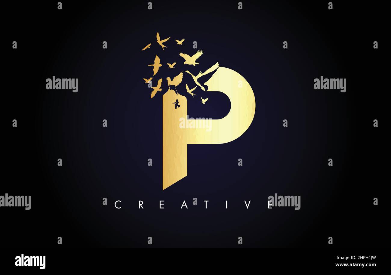 Golden P Logo Letter with Flying Flock of Birds Disintegrating from the ...