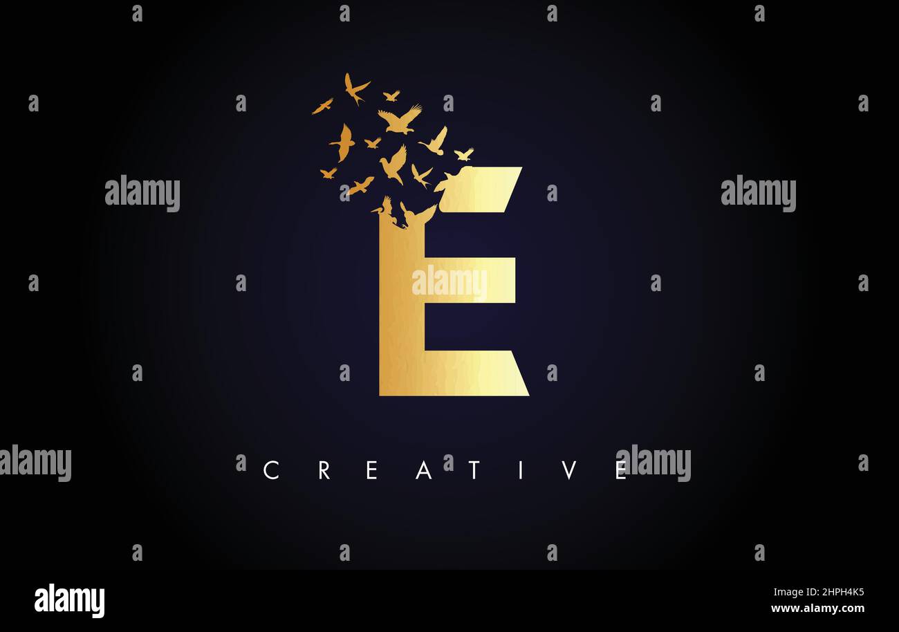 Golden E Logo Letter with Flying Flock of Birds Disintegrating from the ...
