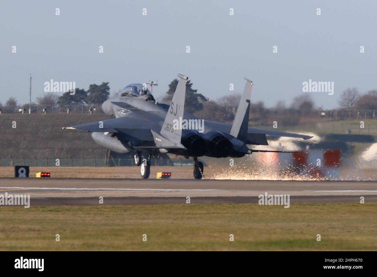 4th Fighter Wing F-15E landing at RAF Lakenheath with the hook deployed ...