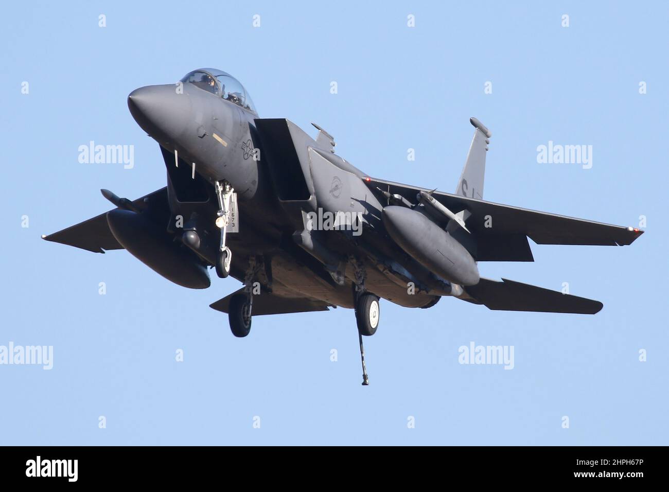 4th Fighter Wing F-15E landing at RAF Lakenheath with the hook deployed ...