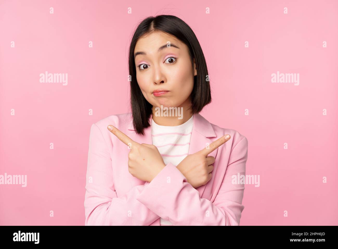 Decision concept. Young asian businesswoman, corporate worker pointing ...