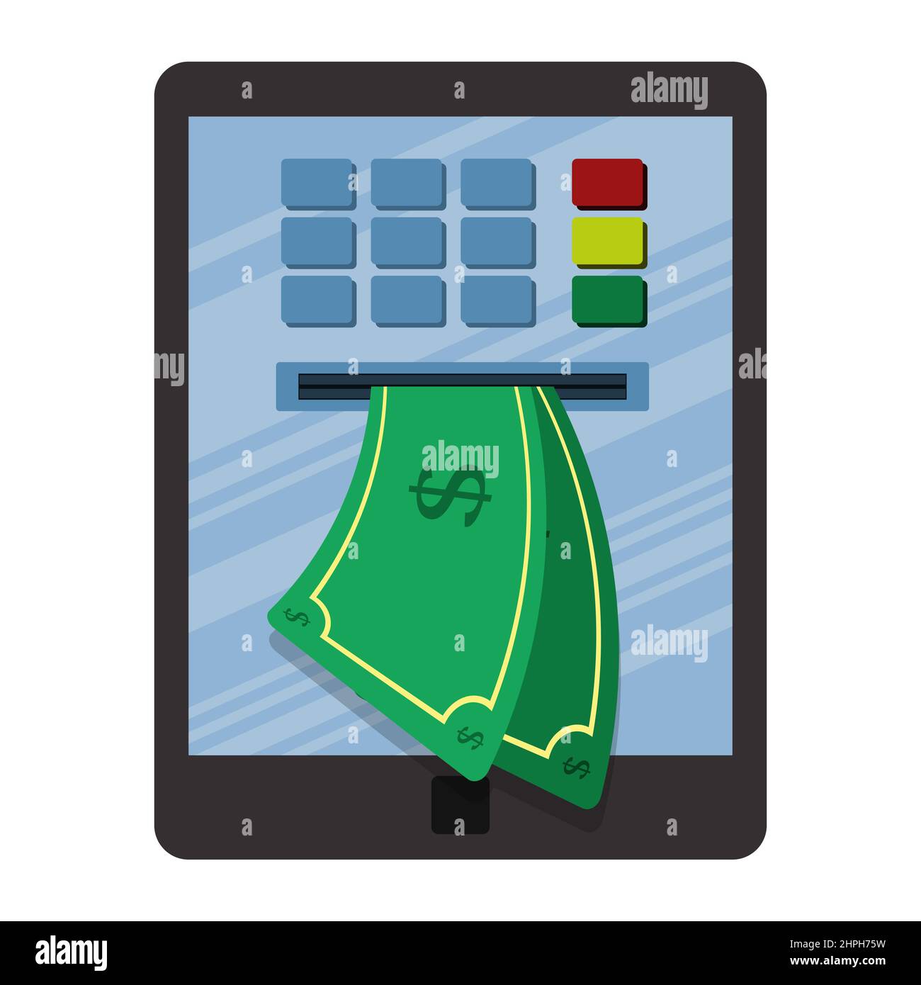 Withdraw money from tablet. money coming out of the screen. atm machine ...