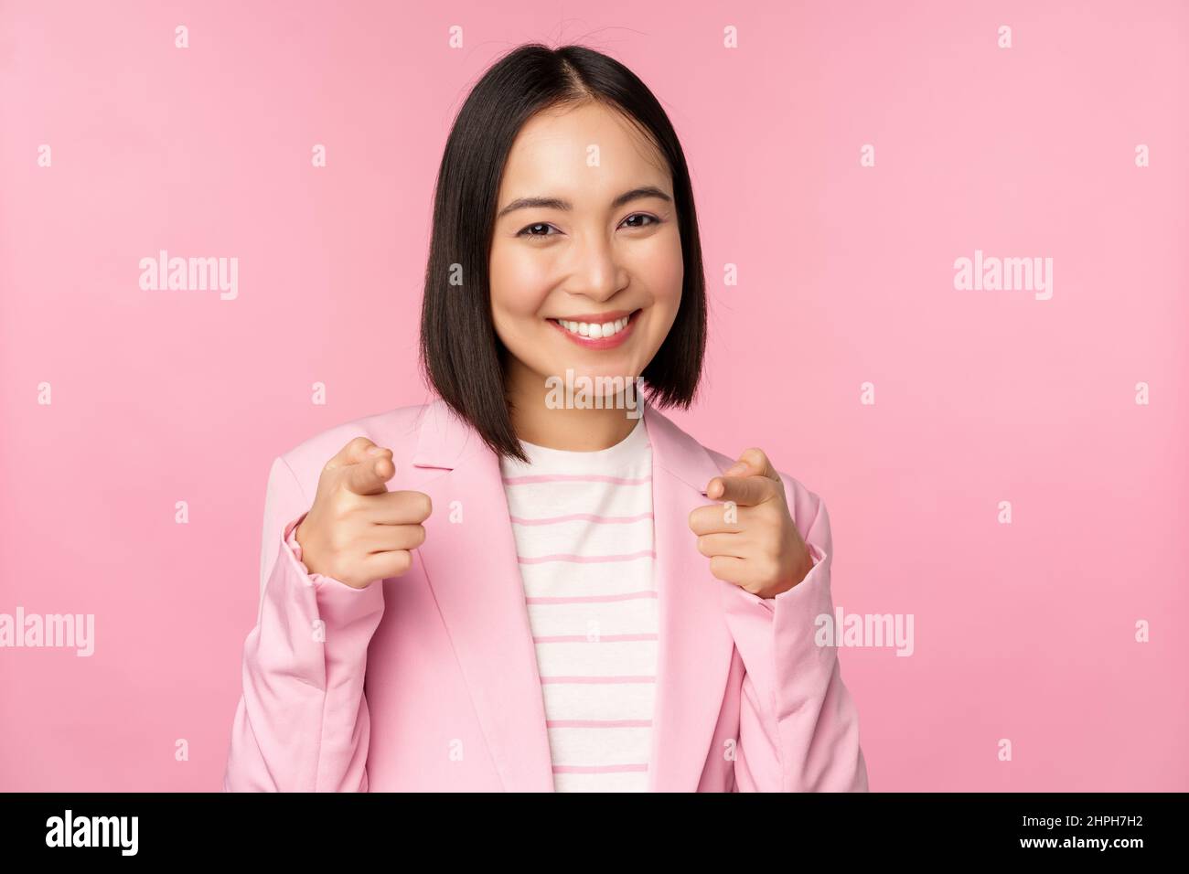 Its you, congrats. Smiling enthusiastic korean corporate lady ...