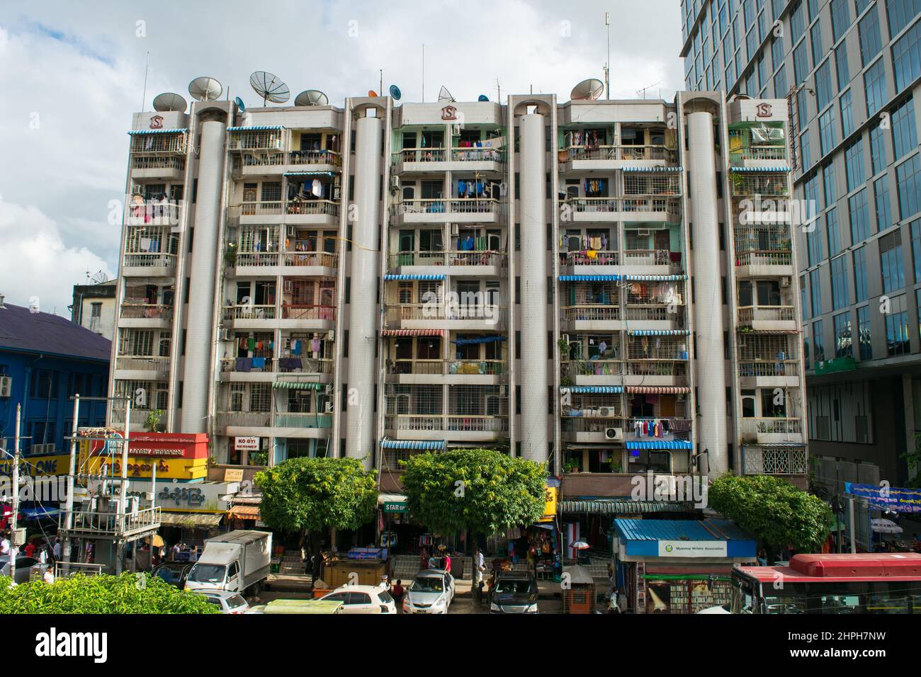 Burmese apartment block building in the urban centre of the city of ...