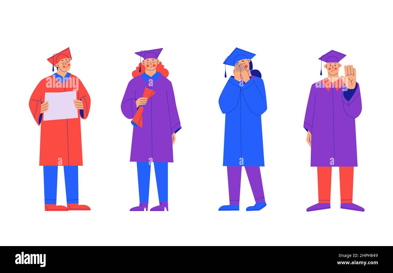 Group of university graduates are unhappy, upset, annoyed. Young men ...