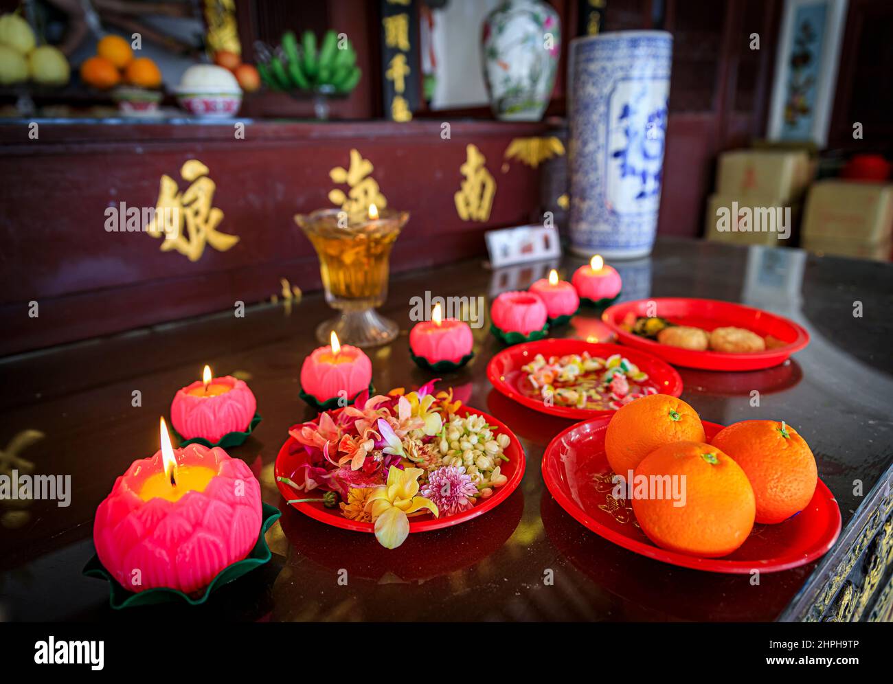 Singapore - September 13, 2019: Holy Buddhist offerings of flowers and ...