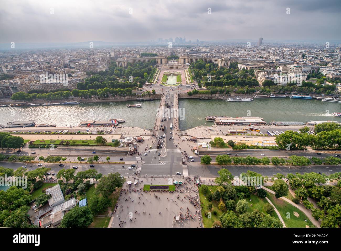Paris, France. Overhead aerial view of city skyline and Seine river ...