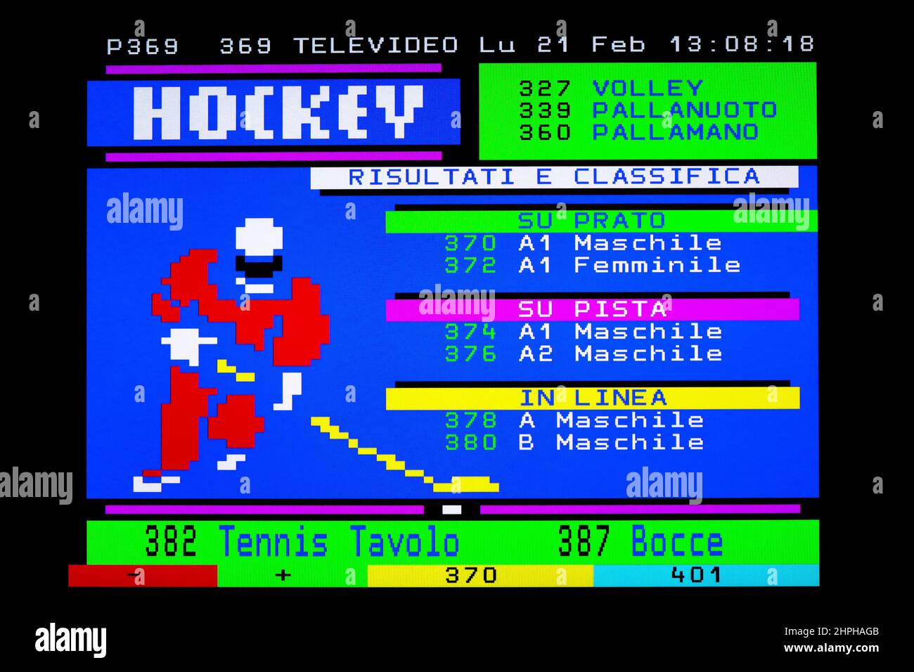 TELETEXT sport index of Hockey. Televideo RAI, italian State-owned ...