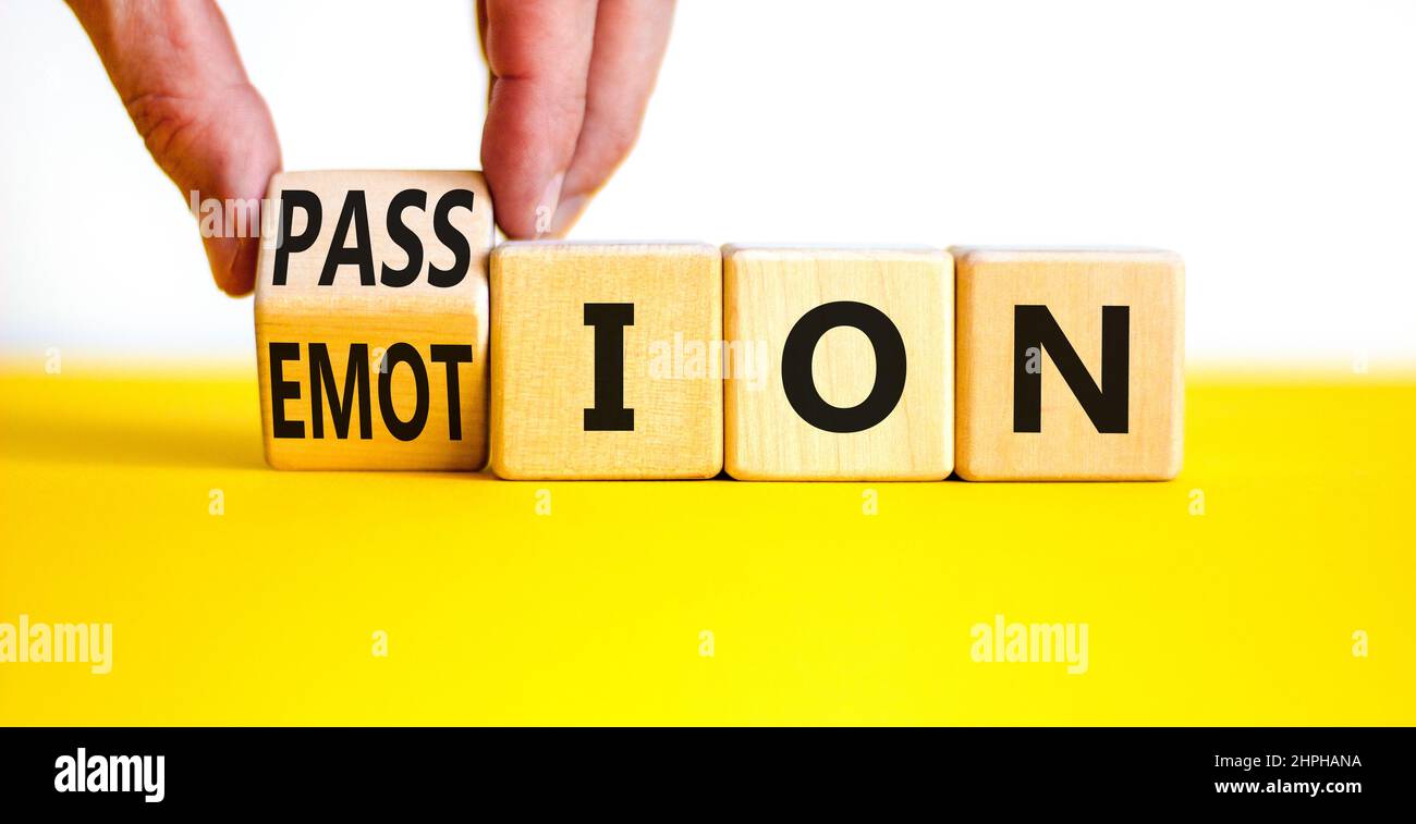 Passion or emotion symbol. Businessman turns a wooden cube and changes ...