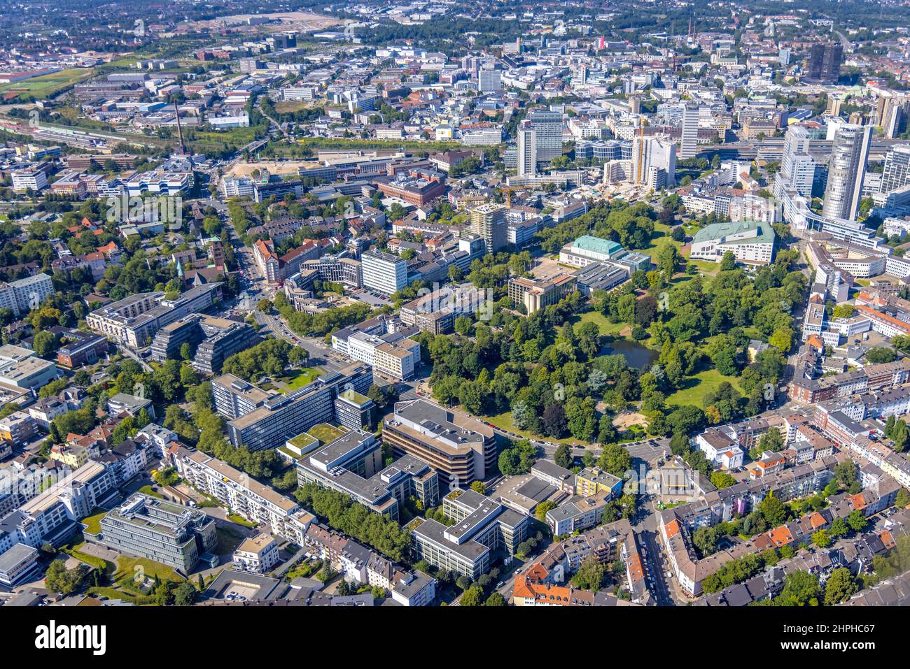 Aerial view, city centre view Essen with demolition Ypsilon-Haus of RWE ...