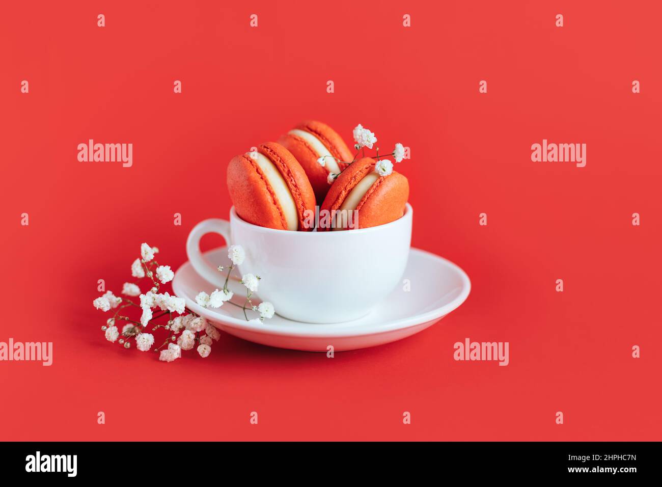Red french macarons with rose flower in a cap on a red background ...