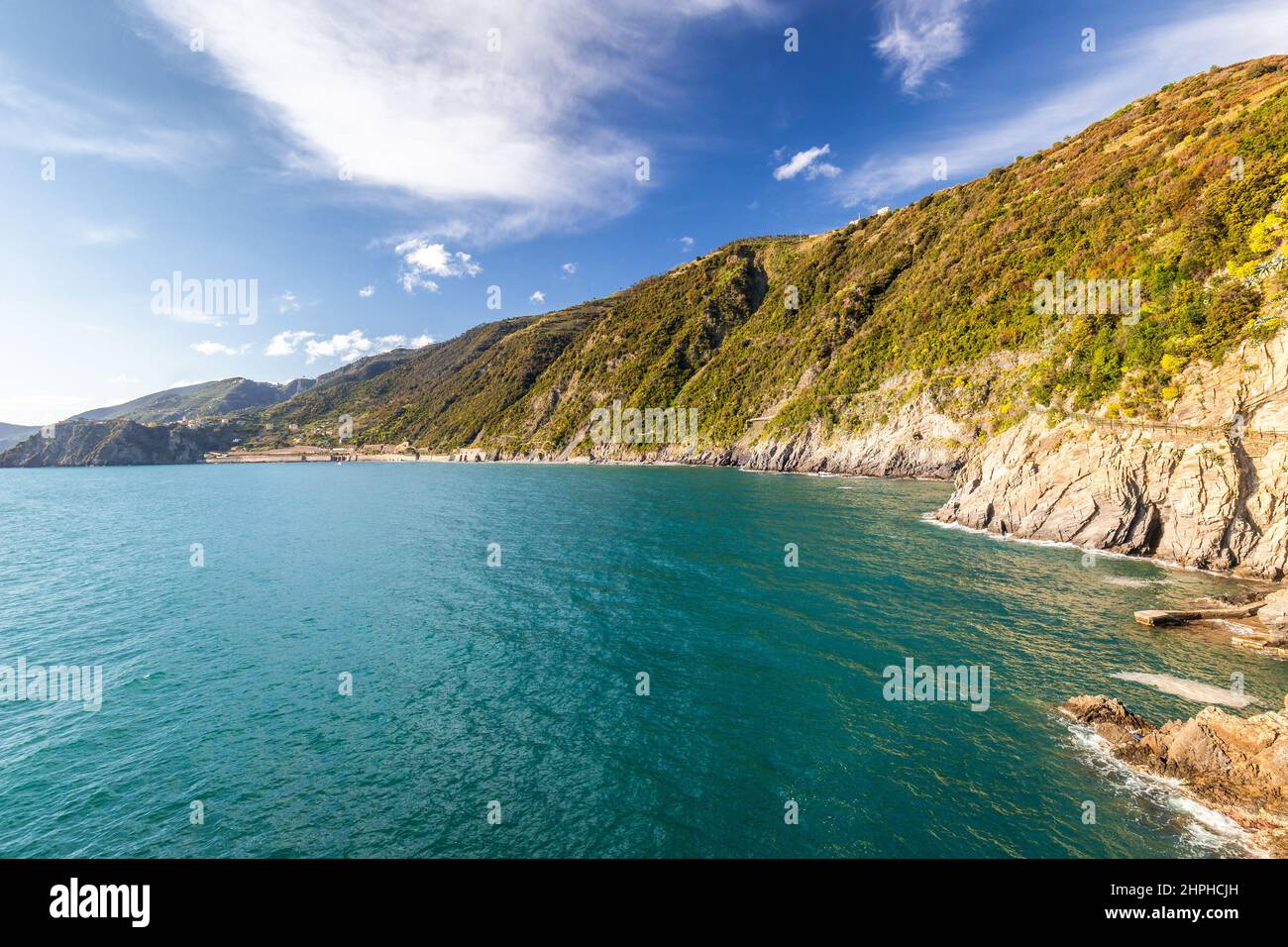 The Ligurian Sea and coast near of the famous Cinque Terre towns, Italy ...