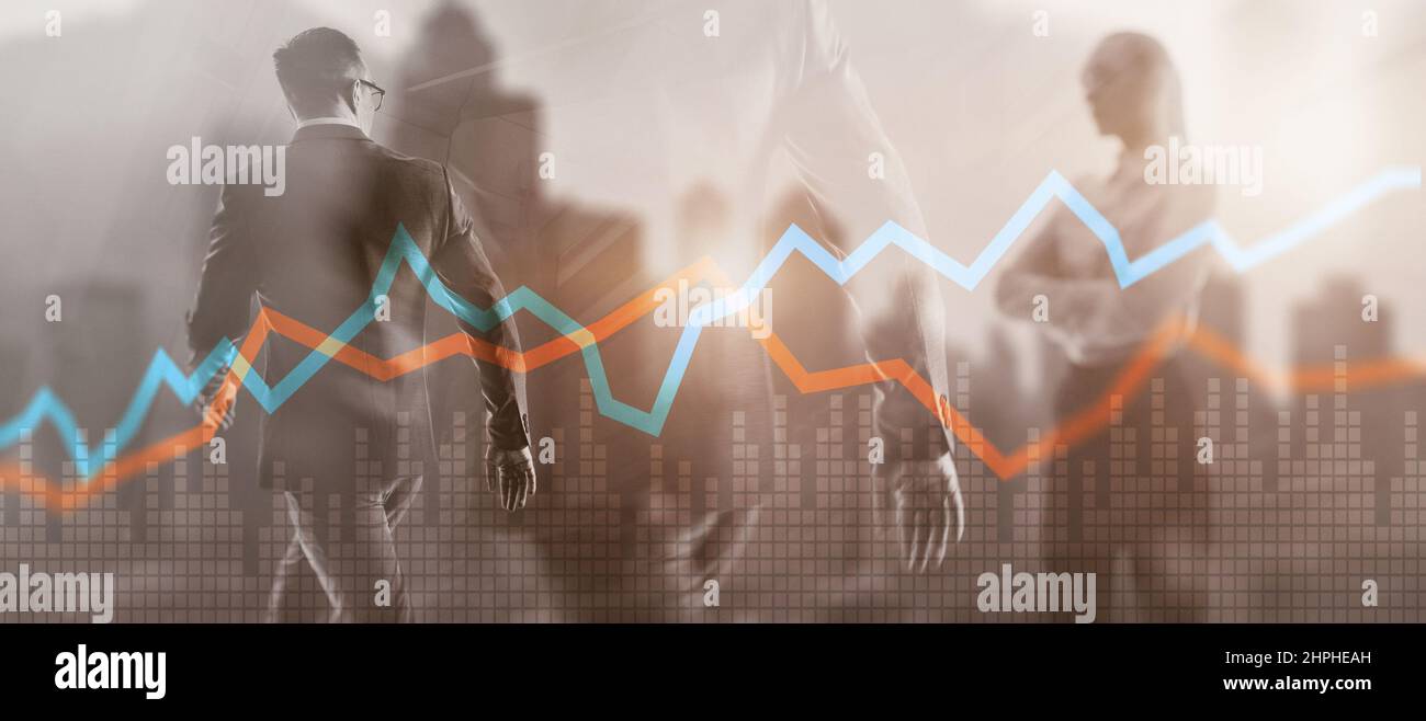 Red and blue financial charts on background doble exposure mixed media ...