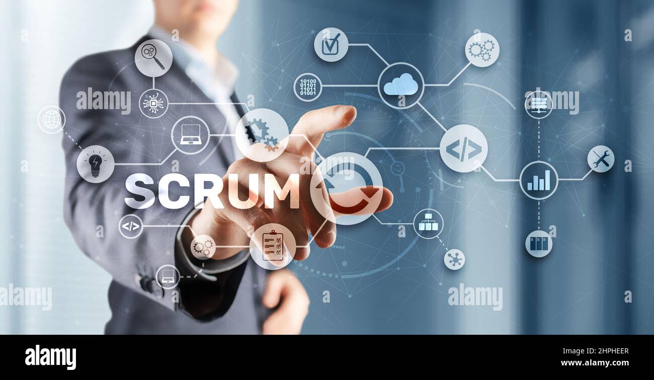 SCRUM. Hand presses the inscription scrum on a virtual panel. Agile ...