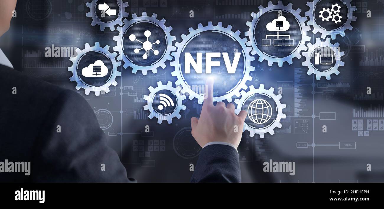 NFV inscription on gears background. Digital technology concept Stock ...