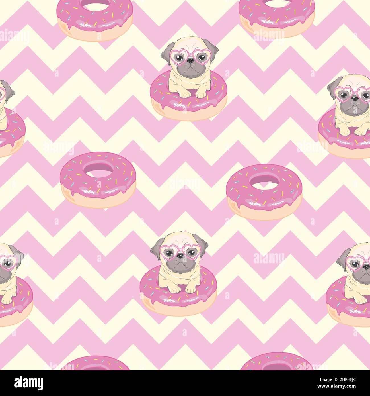 Pink seamless pattern with funny pug and donut. Pug dog cartoon ...