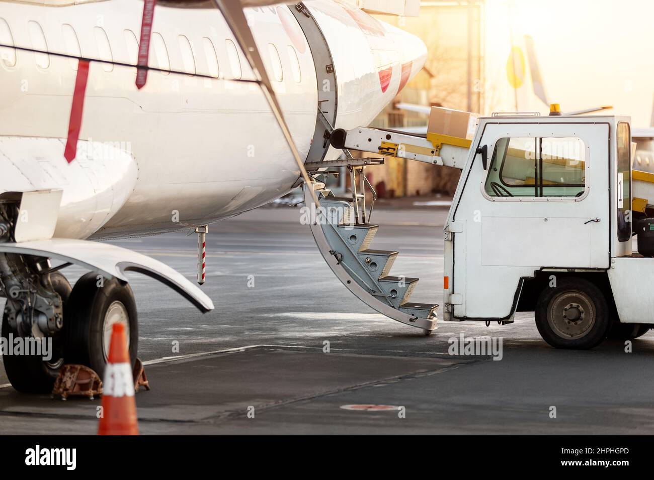 Close-up detail view of belt loading machine car load commercial parcel ...
