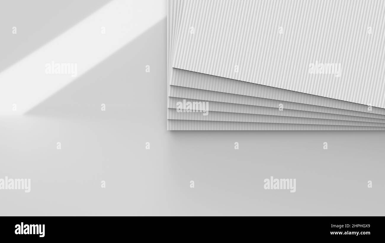 A stack of blank white corrugated plastic correx sheets, close up 3d ...