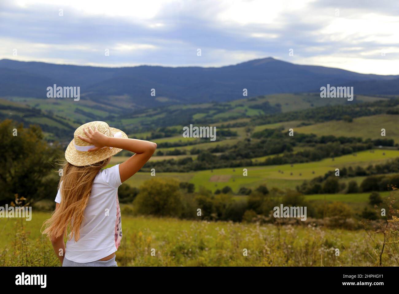 Child happy with mountain view hi-res stock photography and images - Alamy