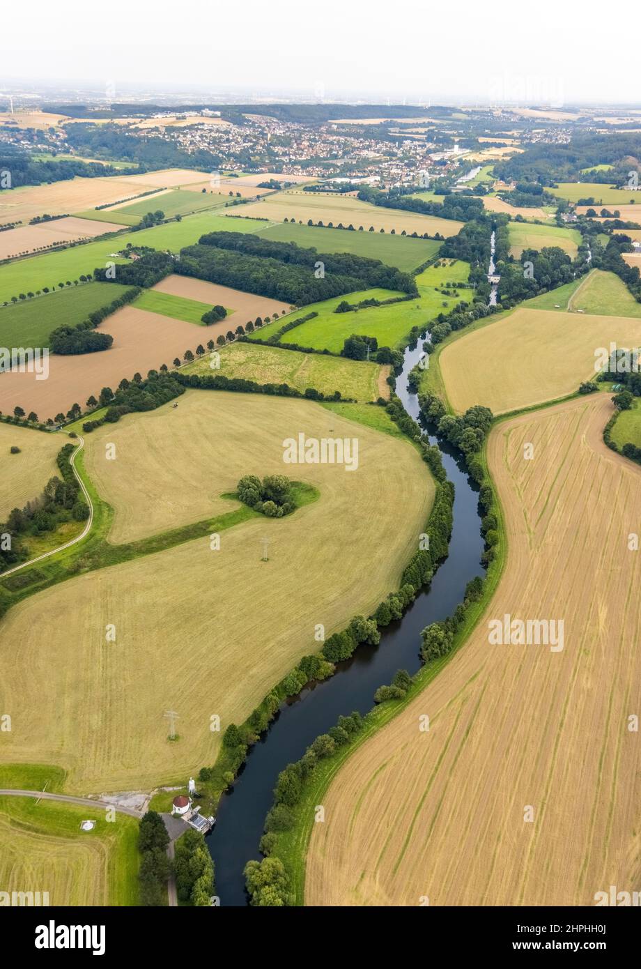 Aerial view, meadows and fields with river Ruhr meander in Warmen and ...