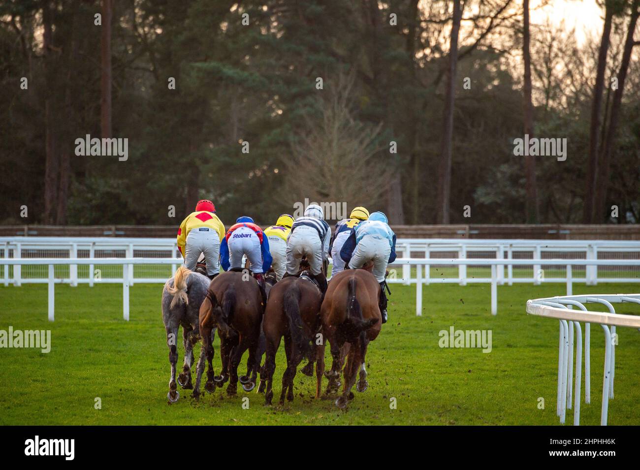 Ascot, Berkshire, UK. 19th February, 2022. Jockeys in the first circuit ...
