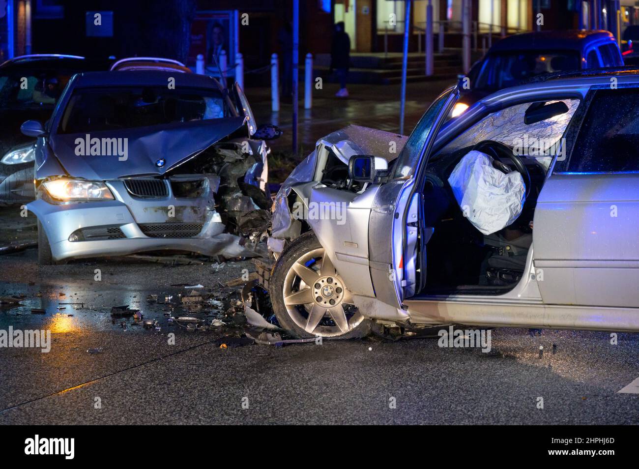 Hamburg, Germany. 21st Feb, 2022. The destroyed vehicles are parked on ...