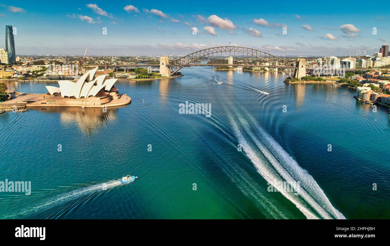 Boat Wakes in Sydney Harbour with the Sydney Opera House and Harbour ...