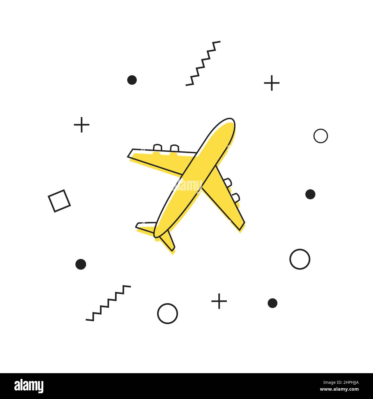 Airplane icon vector. Yellow plane icon with geometric shapes on white ...