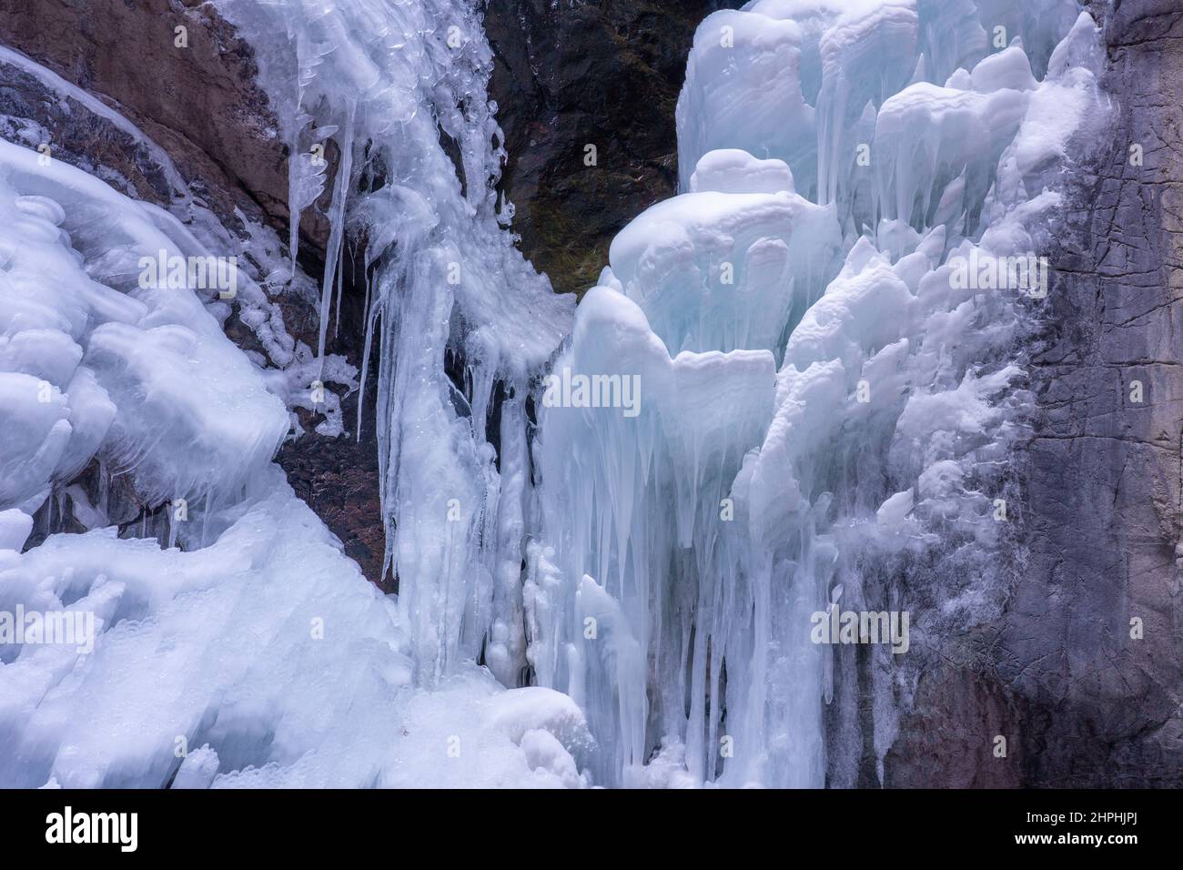 Ice formations on the frozen Box Canyon waterfall in the Box Canyon ...