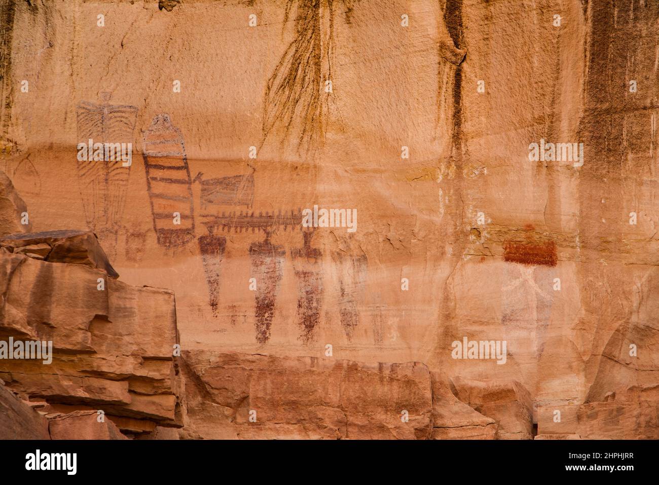 An ancient painted Native American Barrier Canyon-style rock art or ...