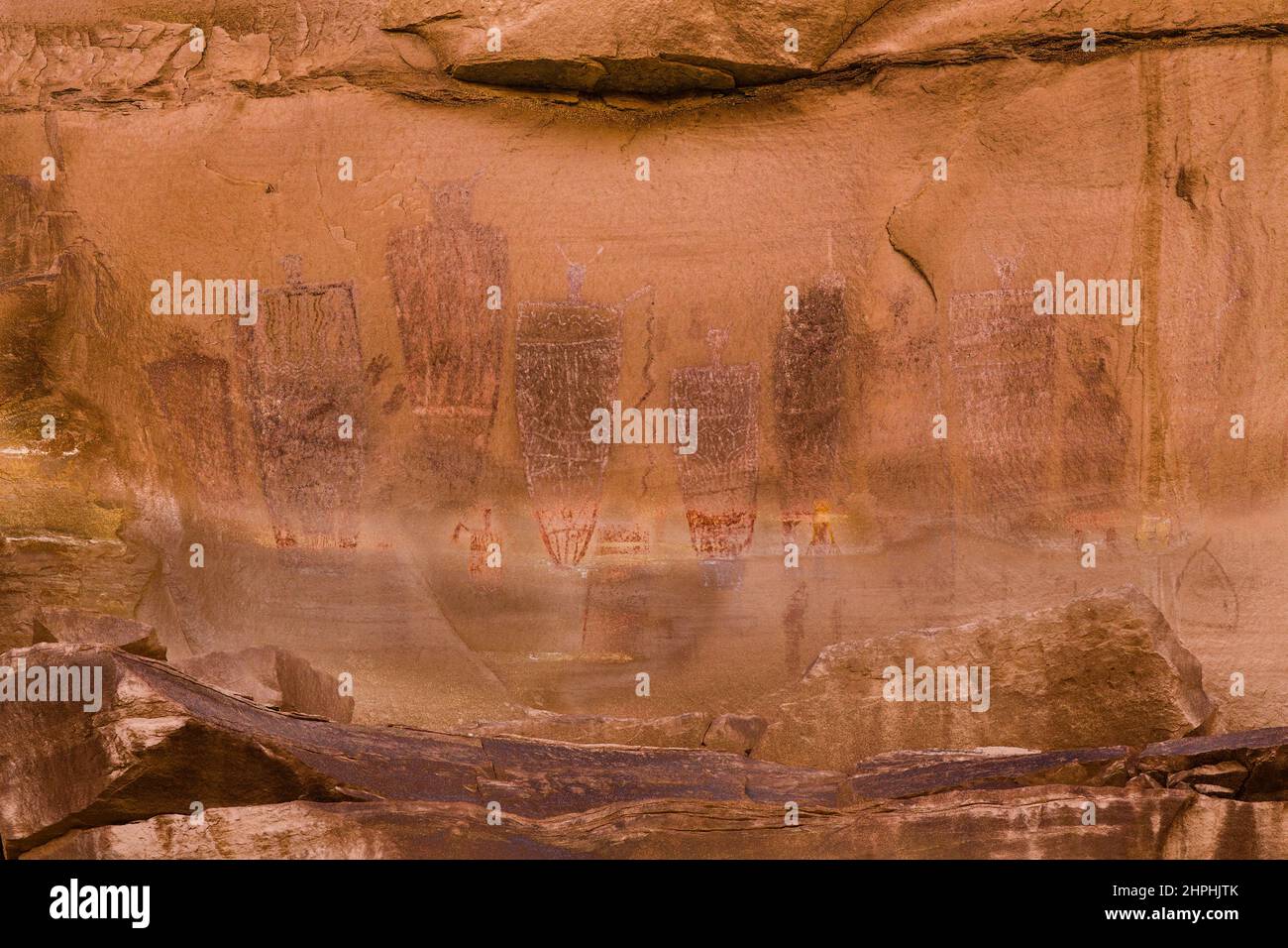 An ancient painted Native American Barrier Canyon-style rock art or ...