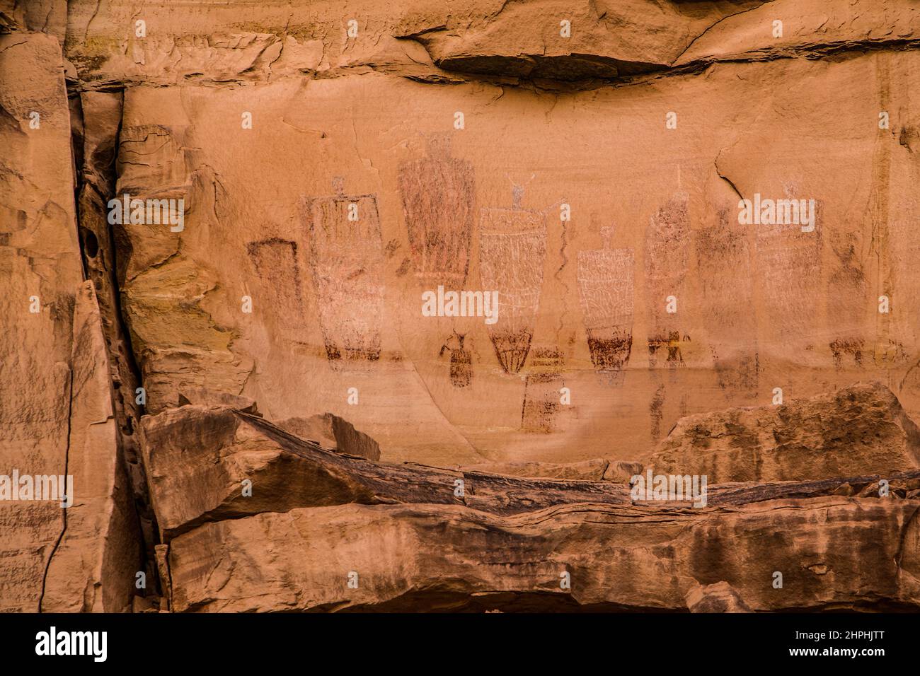 An ancient painted Native American Barrier Canyon-style rock art or ...