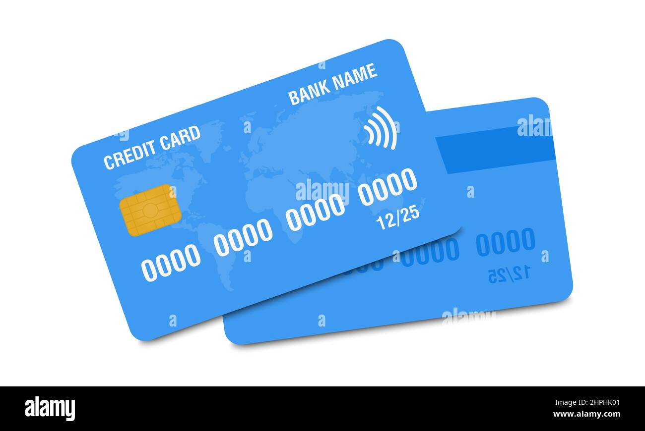 Credit card icon front and back. Realistic blue credit card with world ...
