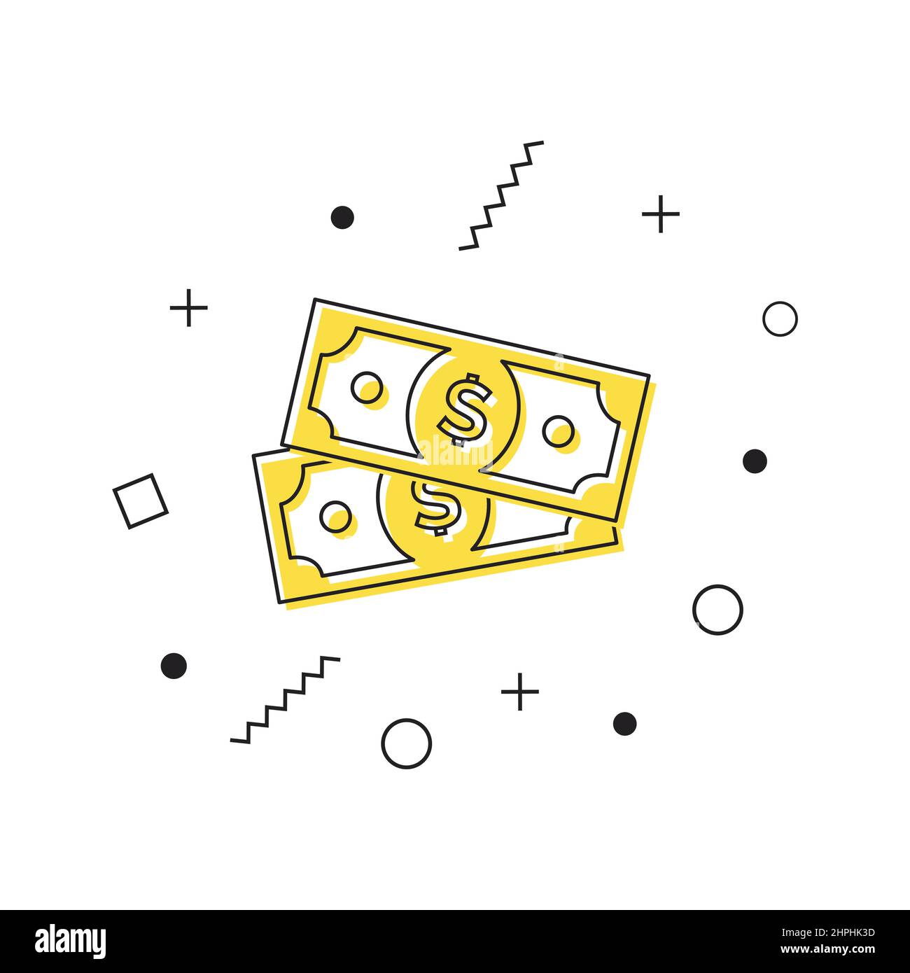 Dollar bills icon vector. Yellow dollar icon with geometric shapes on ...