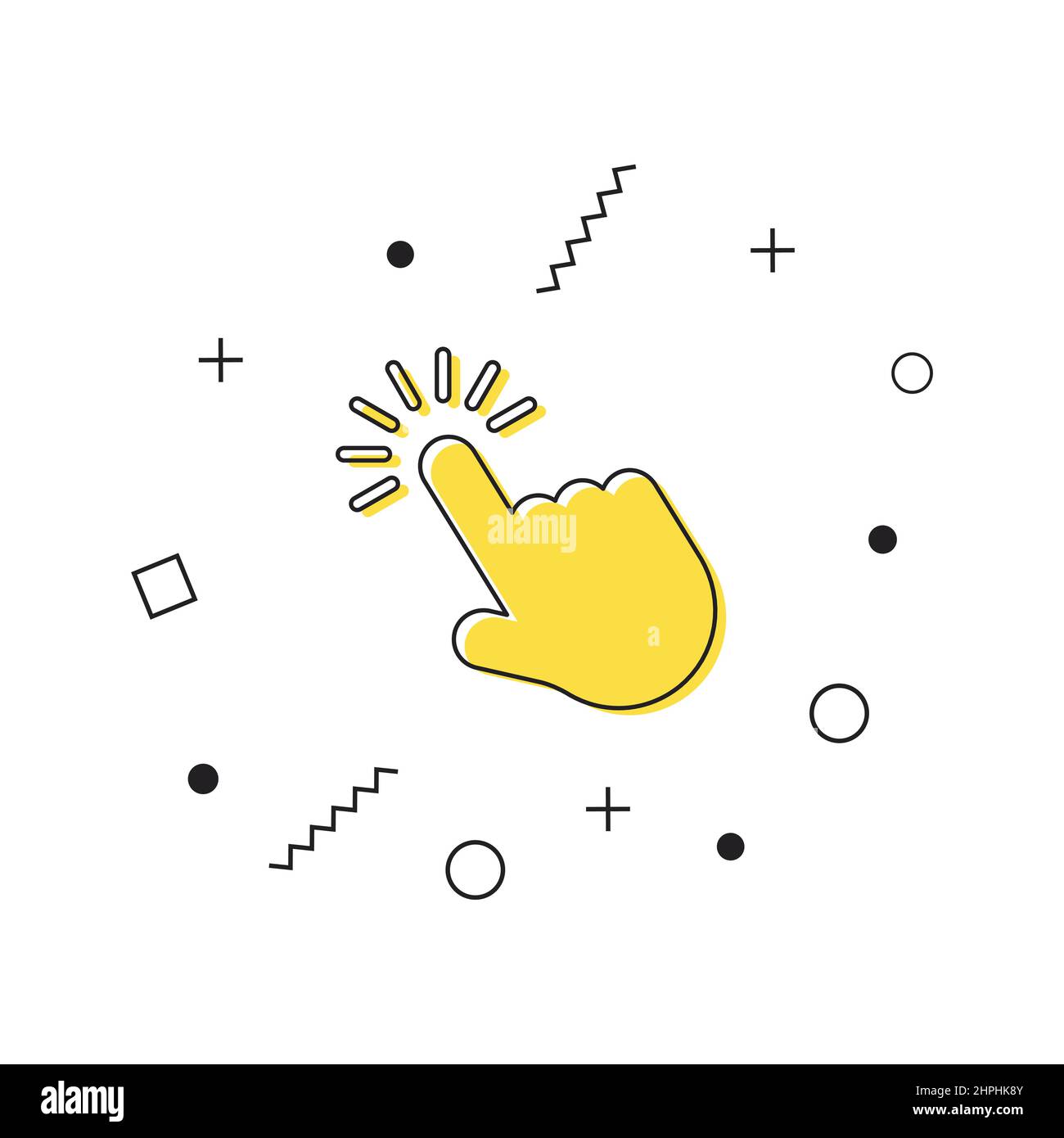 Hand cursor icon vector. Yellow click symbol icon with geometric shapes ...