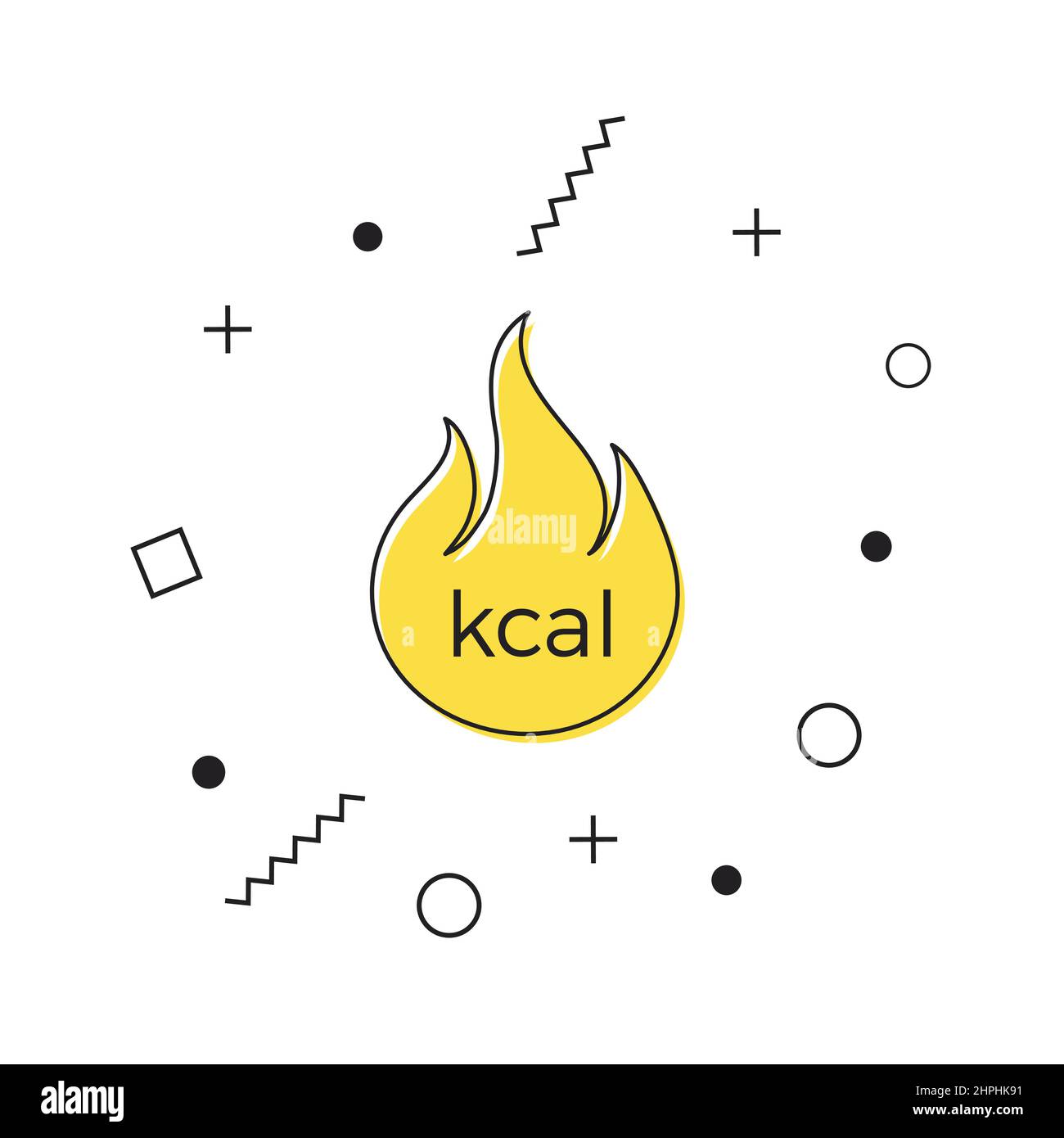 Kcal icon vector. Yellow kilocalorie fire icon with geometric shapes on ...