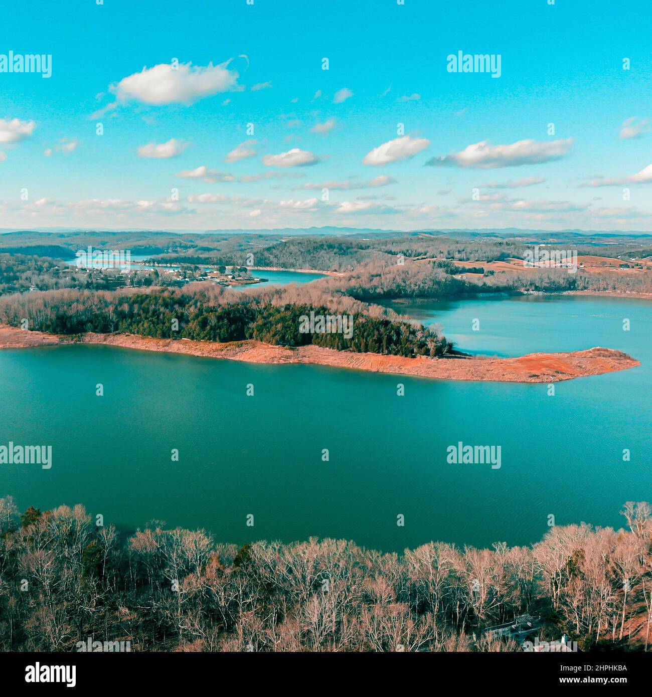 Drone aerial view to landscape with lake Stock Photo - Alamy
