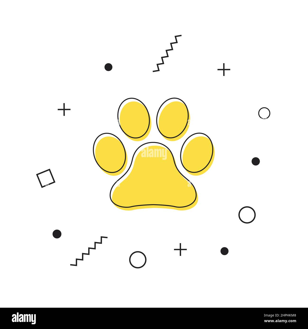 Paw print icon vector. Yellow cat paw print icon with geometric shapes ...