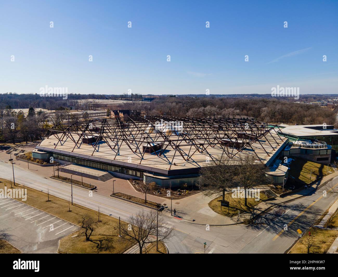 Carver-Hawkeye Arena and its external truss roof. Aerial photograph of ...