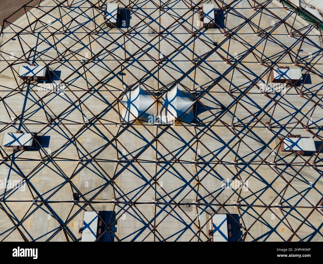 Carver-Hawkeye Arena and its external truss roof. Aerial photograph of ...