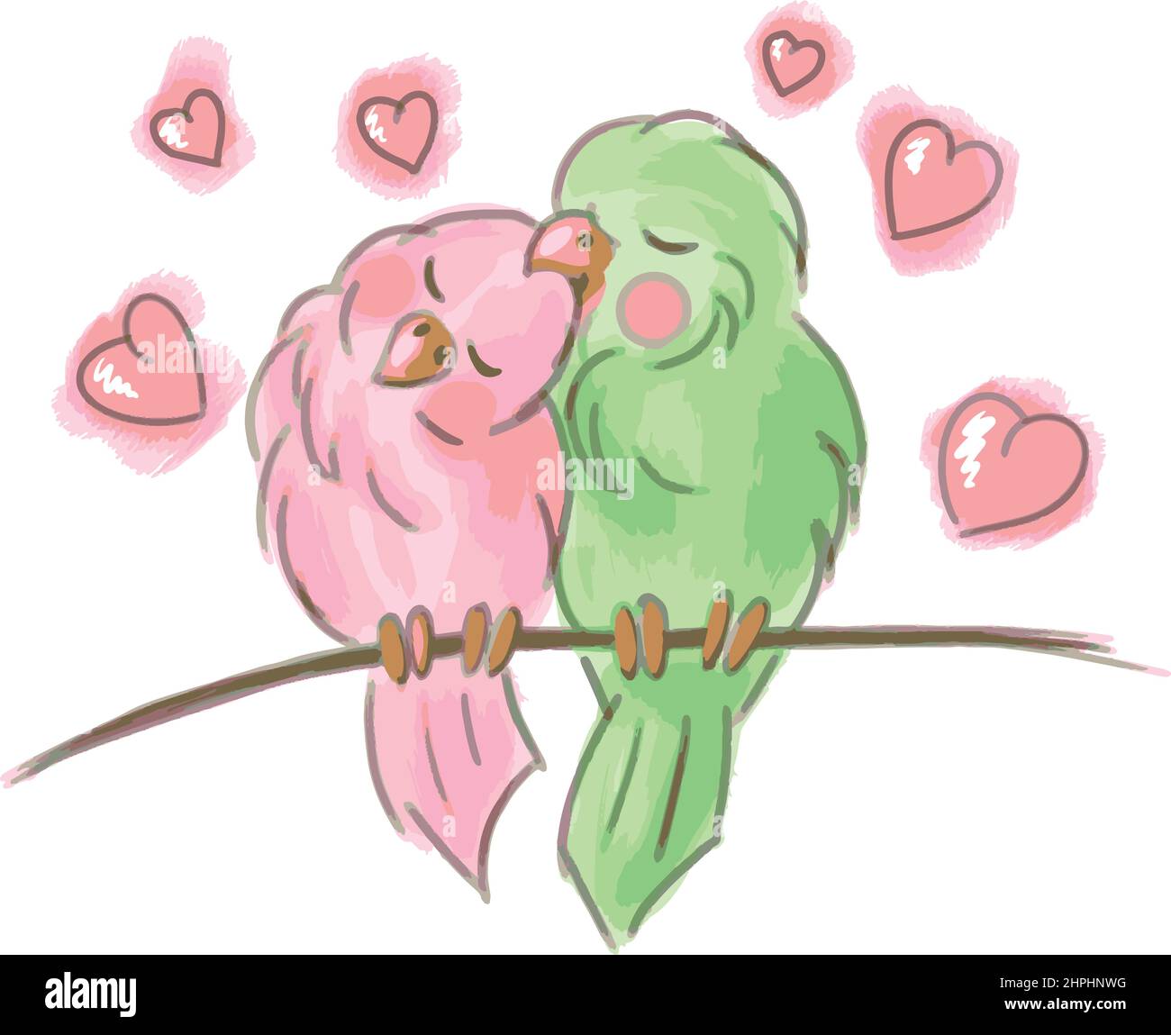 .Illustration, two loving parrots on a lordochka hug each other against ...