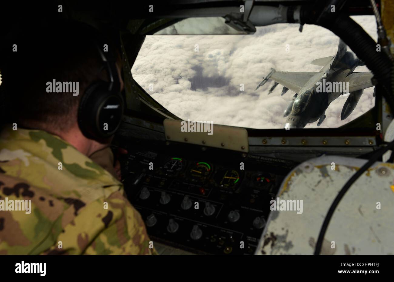 A U.S. Air Force boom operator assigned to the 28th Expeditionary Air ...