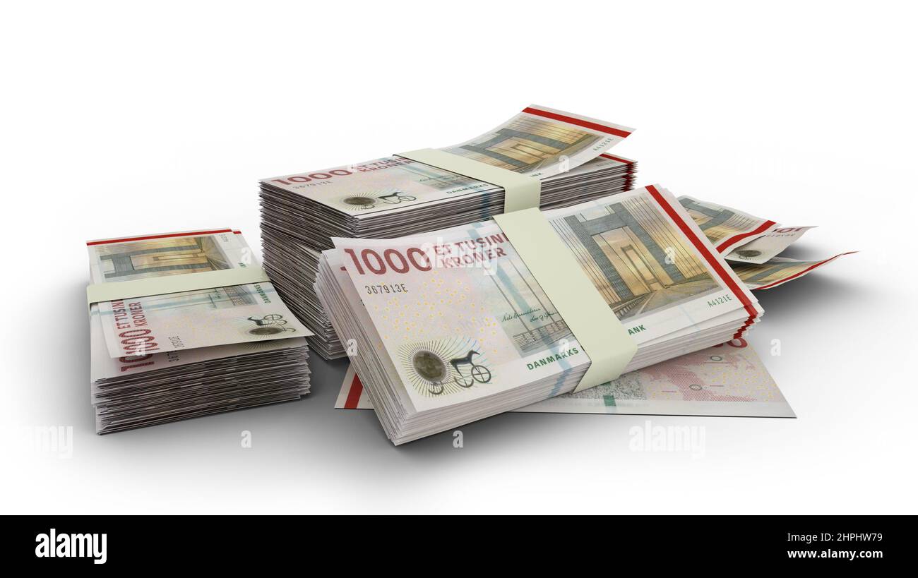 3D Stack of 1000 Danish krone notes isolated on white background Stock ...