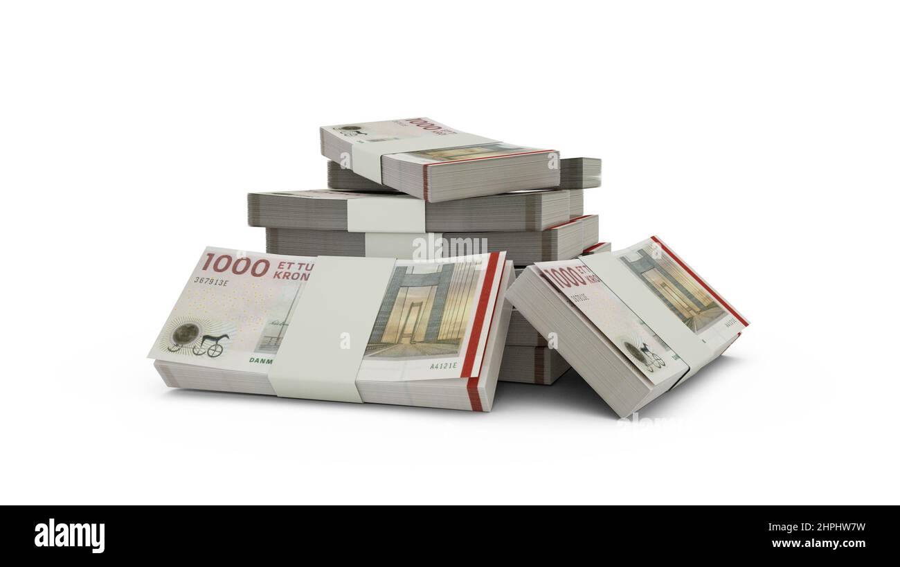 3d rendering of Stack of 1000 Danish krone notes. bundles of Danish ...