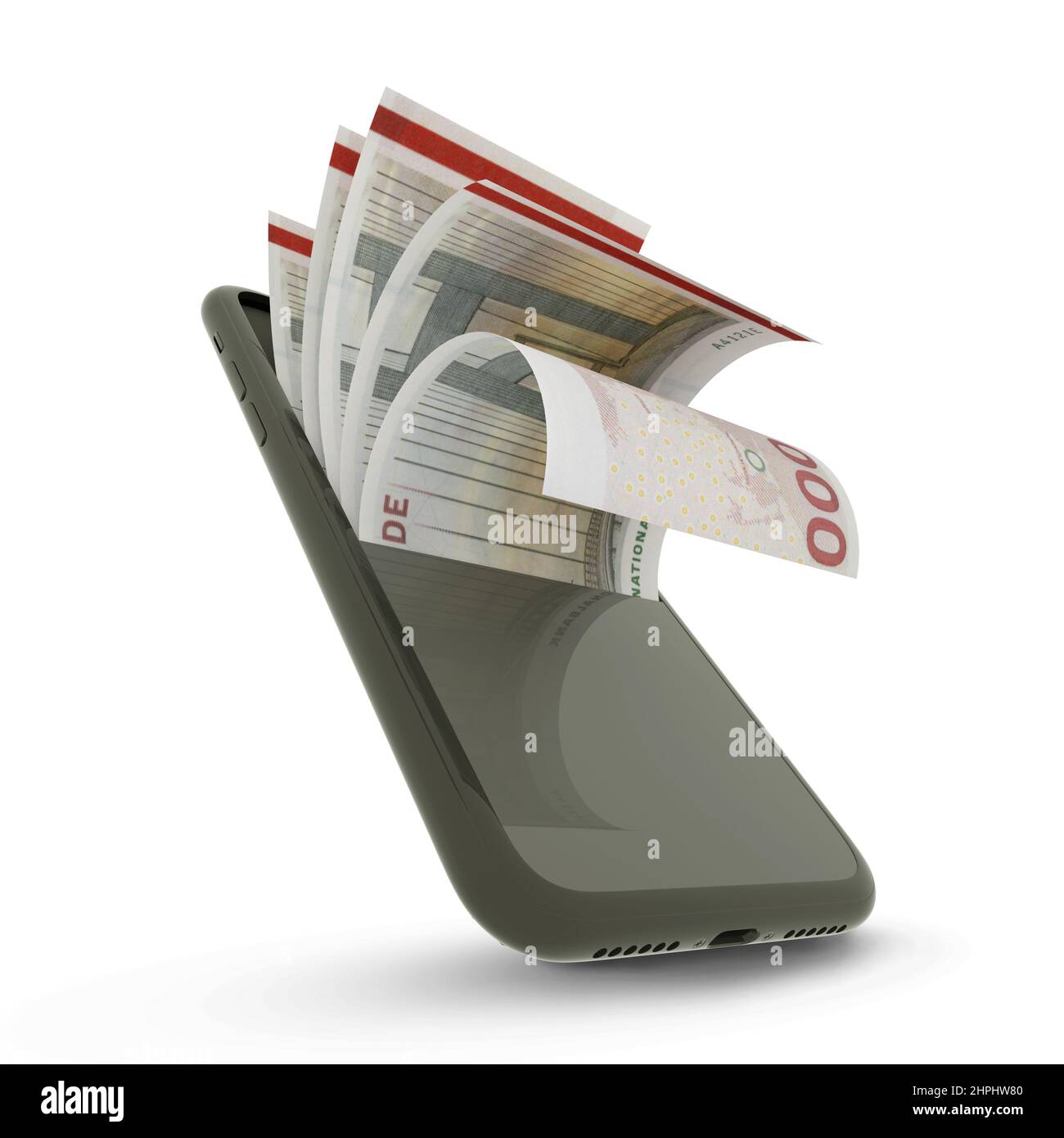 3D rending of 1000 Danish krone notes inside a mobile phone isolated on ...