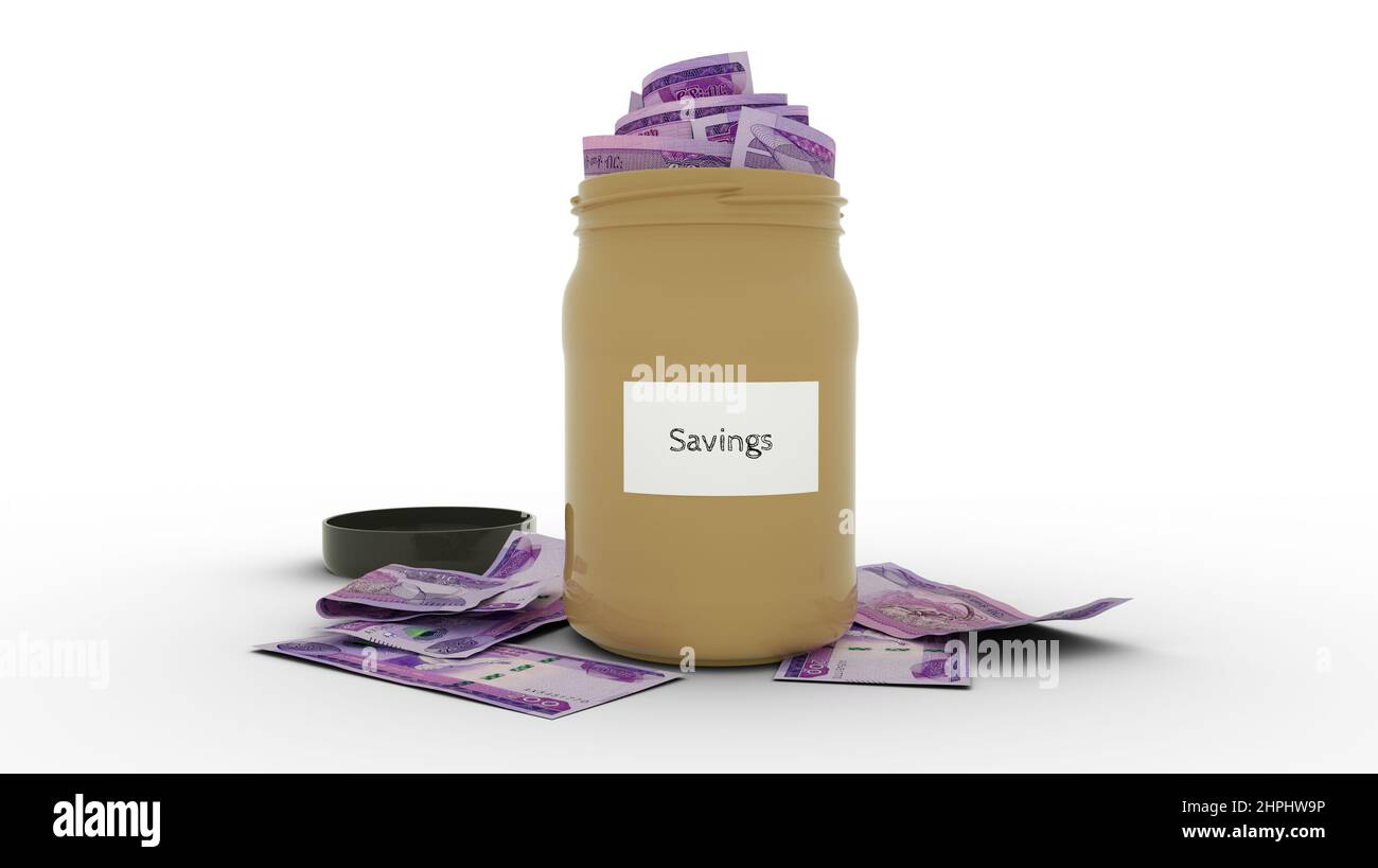 3D rendering of Ethiopian birr notes in savings container. container ...